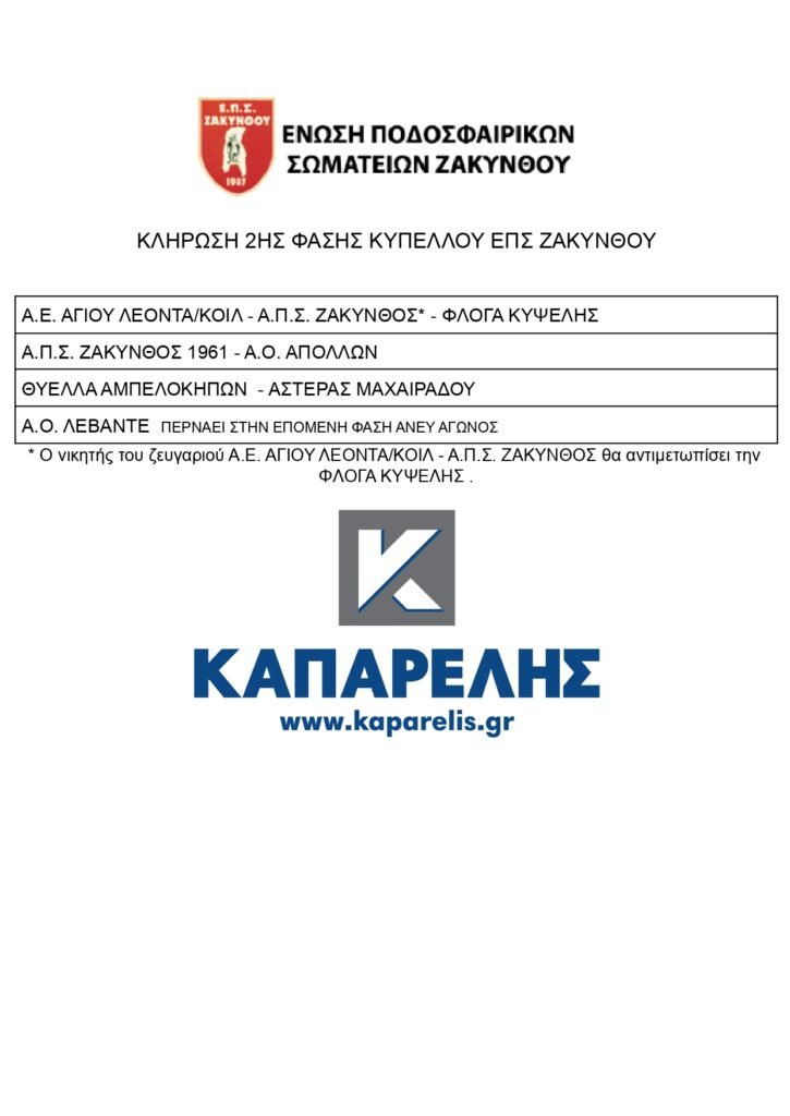 2η ΦΑΣΗ ΚΥΠΕΛΛΟΥ - Ένωση Ποδοσφαιρικών Σωματείων Ζακύνθου