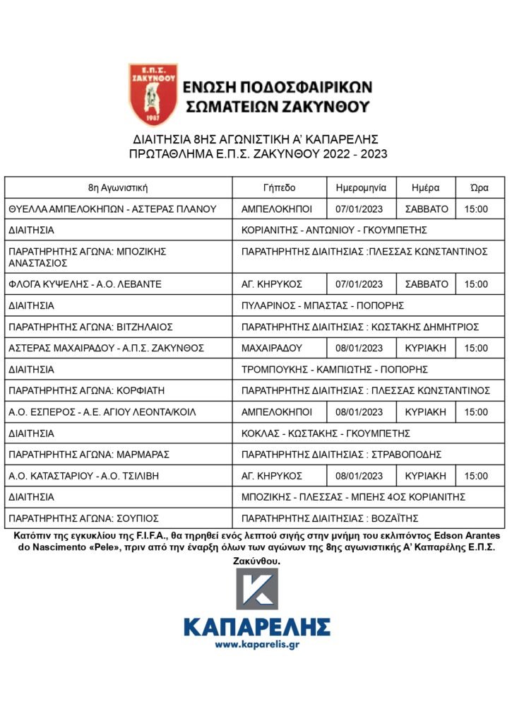 Διαιτησία 8ΗΣ ΑΓΩΝΙΣΤΙΚΗΣΑ' ΚΑΠΑΡΕΛΗΣ ΕΠΣ Ζακύνθου - Ένωση ...