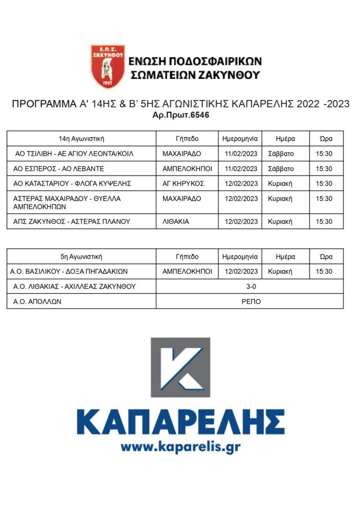 ΠΡΟΓΡΑΜΜΑ ΑΓΩΝΩΝ 14ΗΣ ΑΓΩΝΙΣΤΙΚΗΣ - Ένωση Ποδοσφαιρικών Σωματείων Ζακύνθου