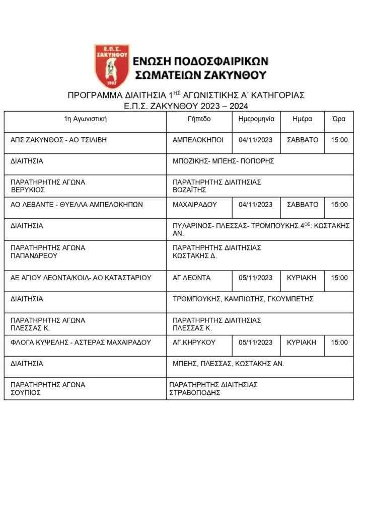 Οι διαιτητές της πρεμιέρας - Ένωση Ποδοσφαιρικών Σωματείων Ζακύνθου